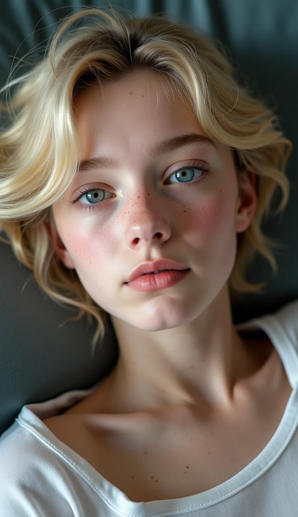 1 young girl. 18 years old. Alone. Lying on her back on the couch ...