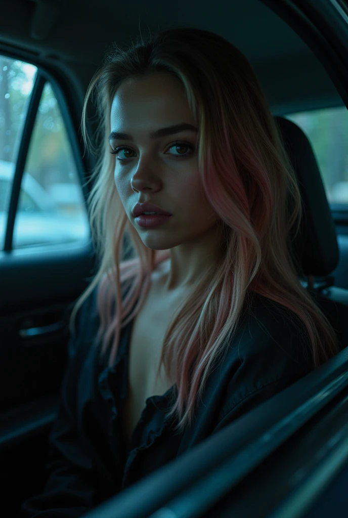 Closeup portrait from inside car,Hailee steinfeld sitting leaning back ...