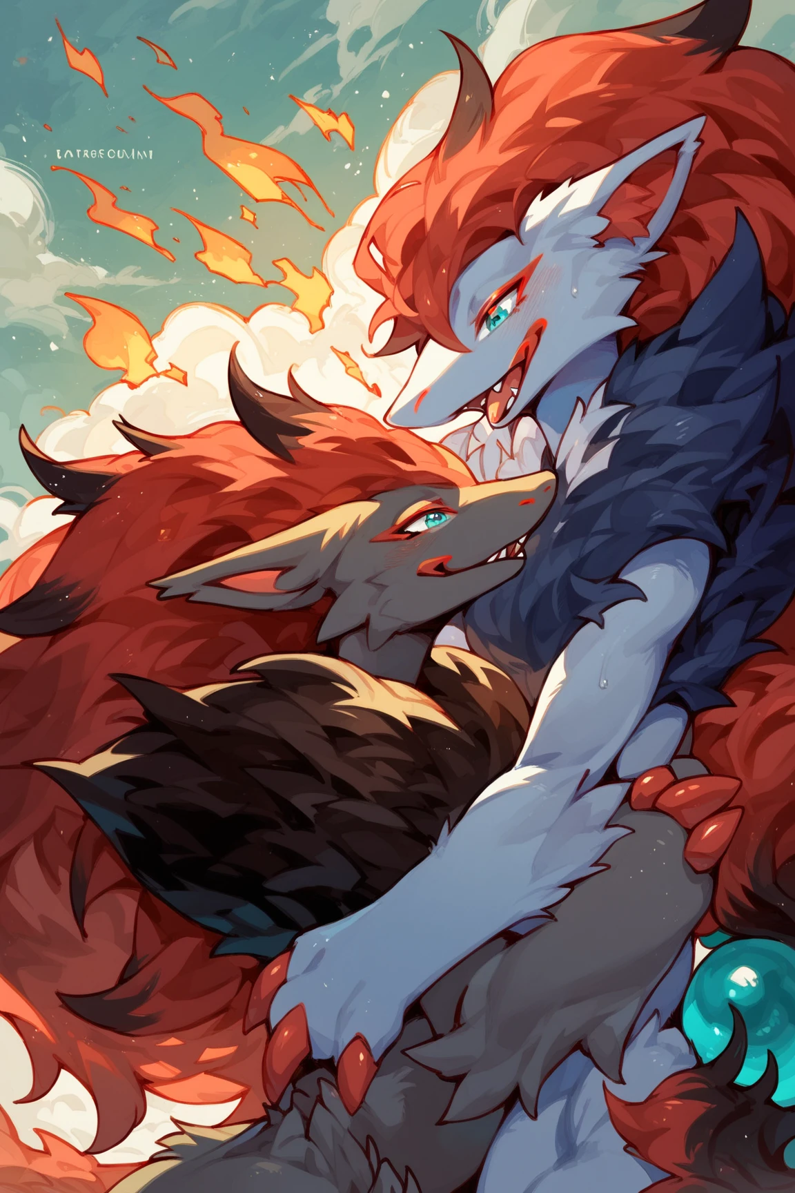 Zoroark and Charizard hug each other very affectionately. - SeaArt AI