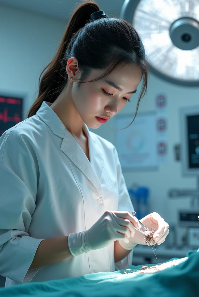 Surgical instrument girl with tweezers in her hand in an operating room ...