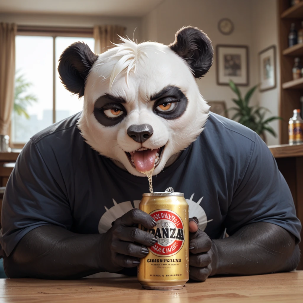 The giant panda animal is drinking canned beer while barbecuing in ...