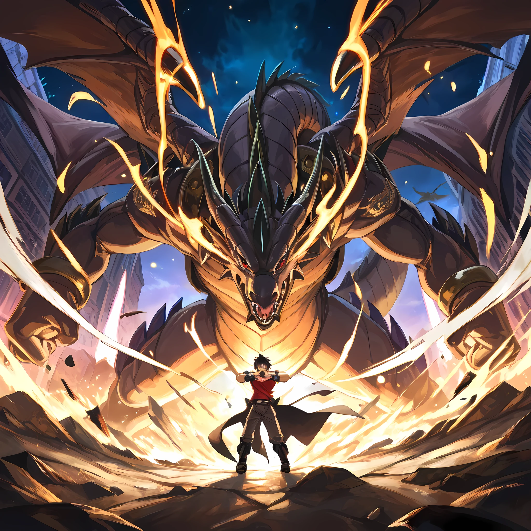 A man standing in front of a giant dragon with a sword - SeaArt AI