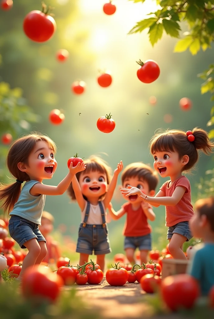 girls and boys playing with toys and tomatoes - SeaArt AI