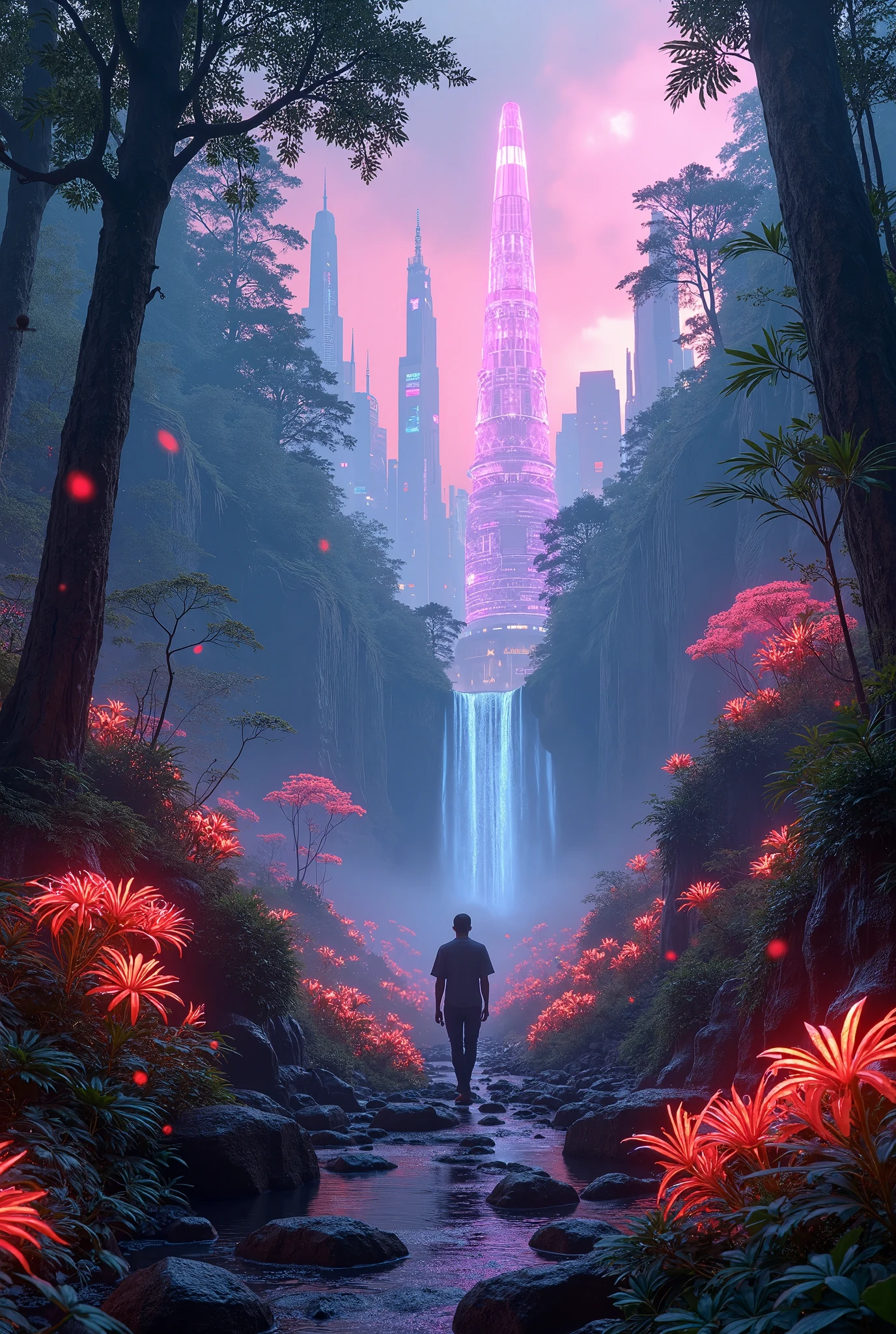 There is a man walking through a forest with a waterfall - SeaArt AI