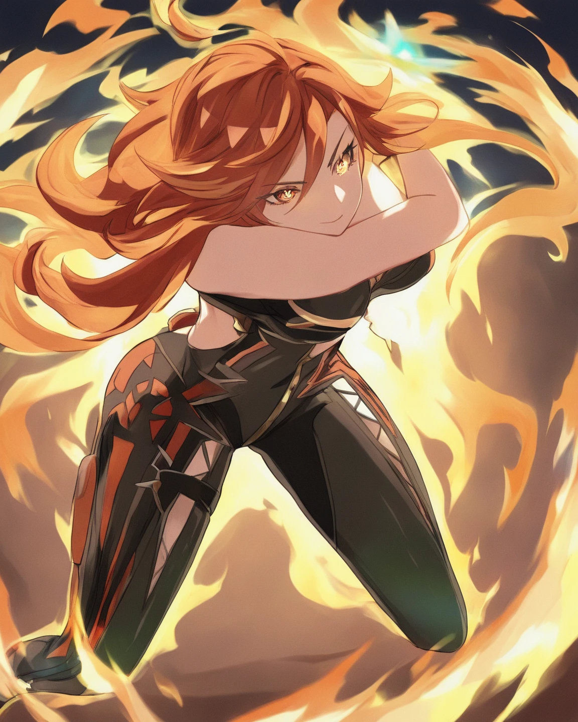 Mavuika, aura charge fire, (Genshin Impact), full view, with her Pyro Bike - SeaArt AI