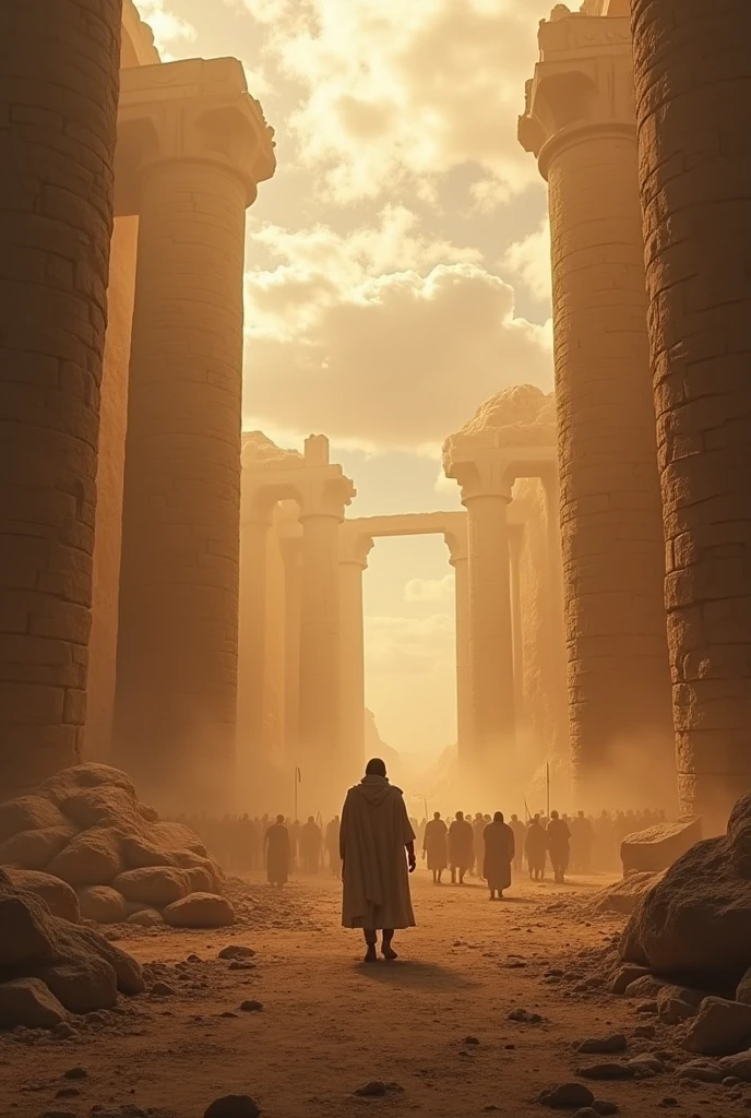 The temple collapsing in a massive cloud of dust and debris, giant ...