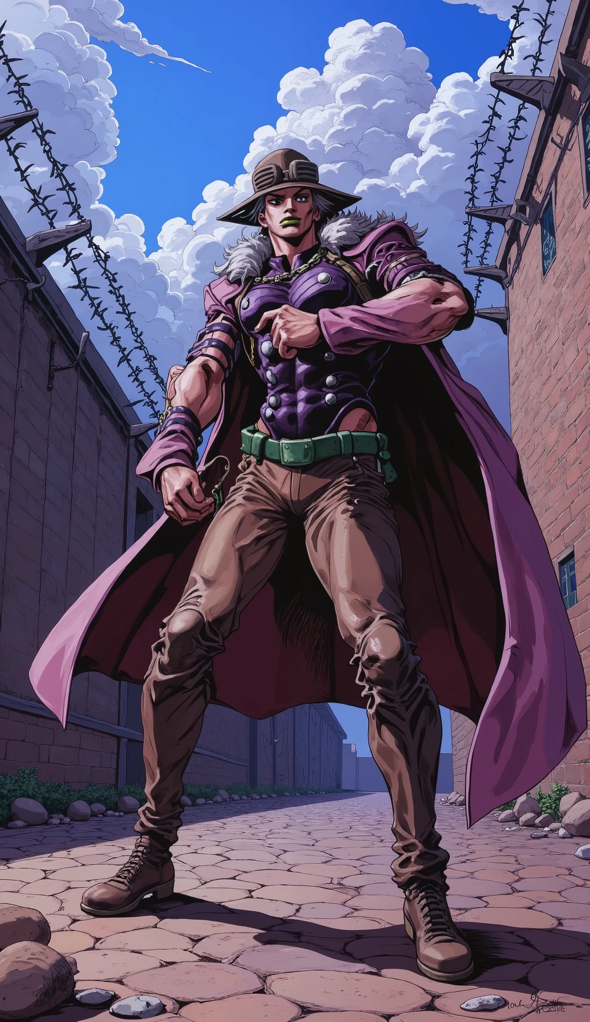 A close up of a man in a purple coat and hat standing on a brick road ...