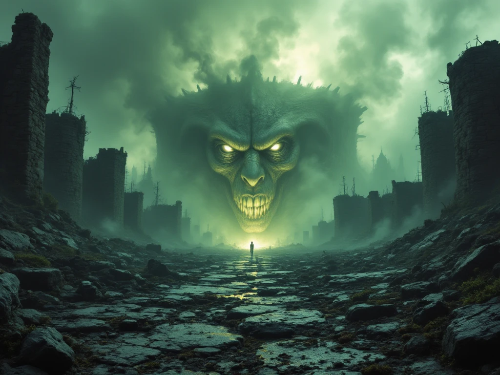 黙示録的な, ディストピアの風景, すべてが焼け焦げた廃墟に, ねじれた構造物の骨格の残骸, 空に渦巻く有毒な雲, 酸性の雨が激しく降り注ぐ ...