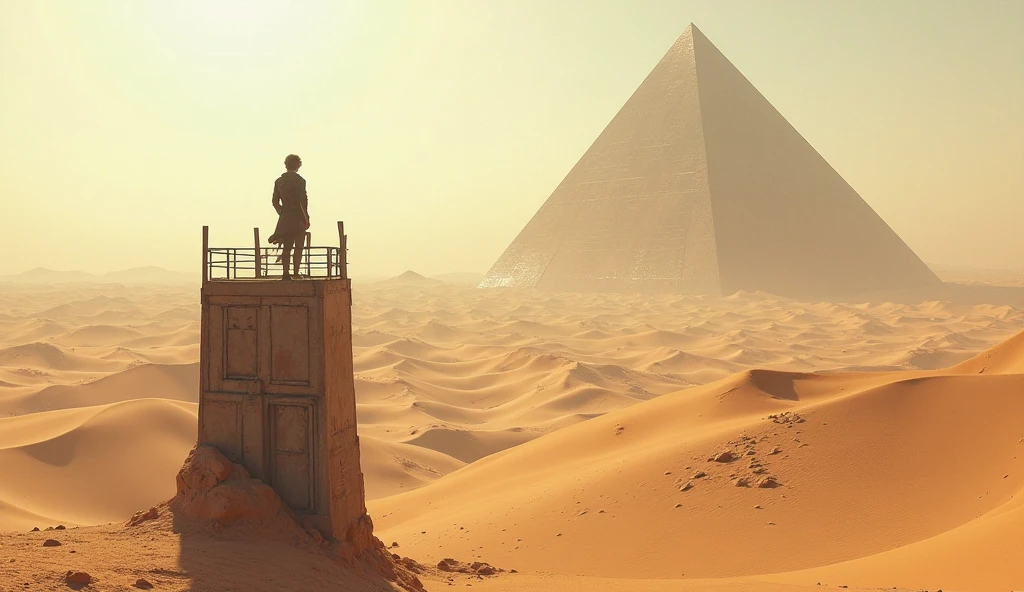 First person view on a watchtower looking over sand dunes, a huge tech ...