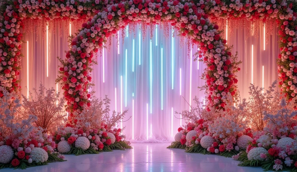 The majestic Asian-style wedding backdrop is decorated with countless ...