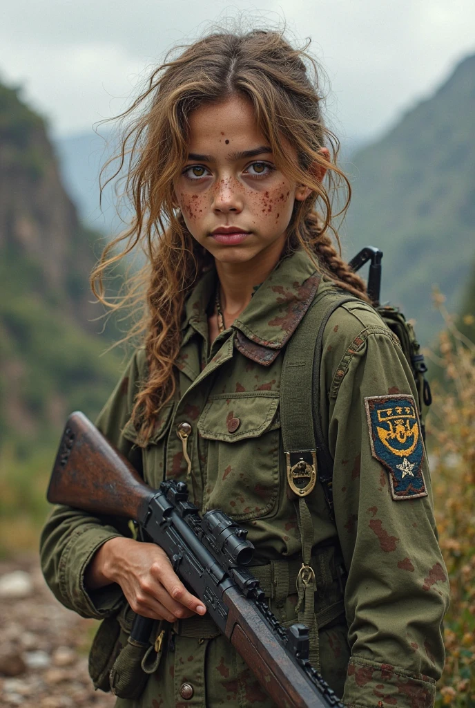 Girl of about frizzy honey-colored hair brown eyes in guerrilla uniform ...