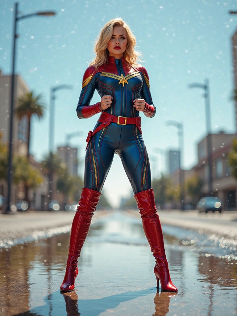 Captain Marvel in superhero costume, high-heeled red over the knee ...