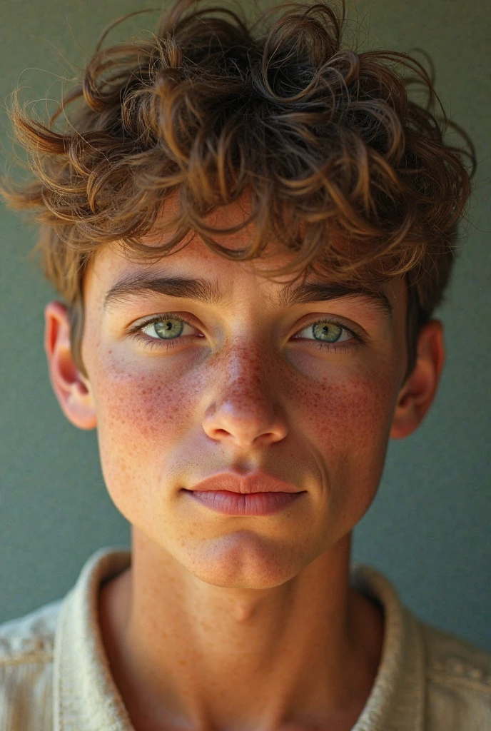 Create a character,18 year old boy with a tanned complexion,with green ...