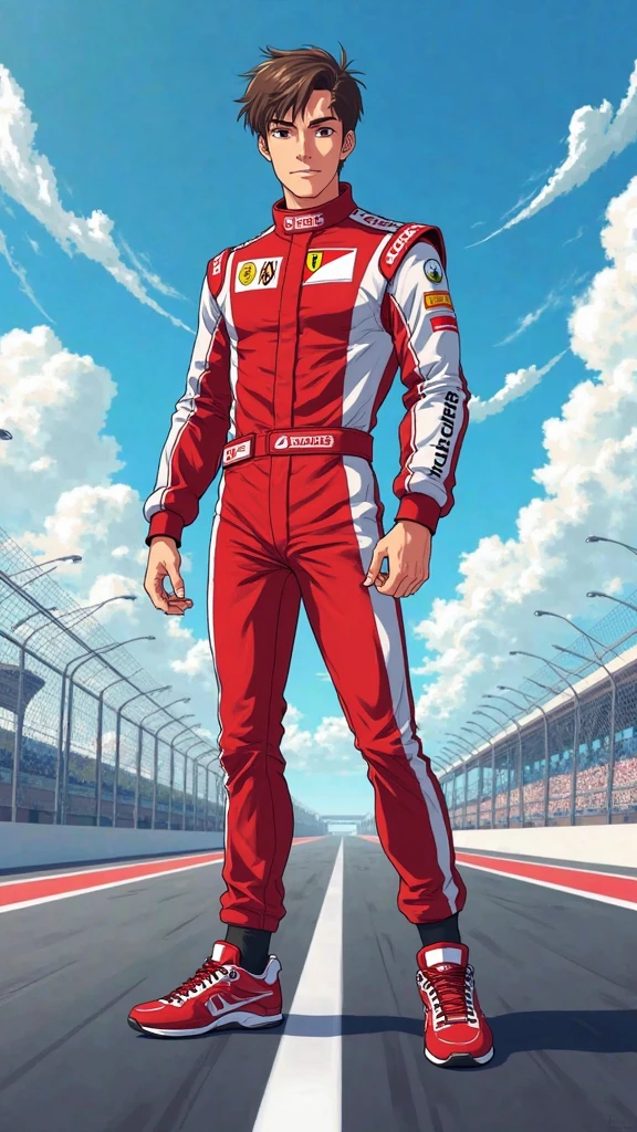 A man wearing red and white racing clothes，20s，brown hair，Tall male ...