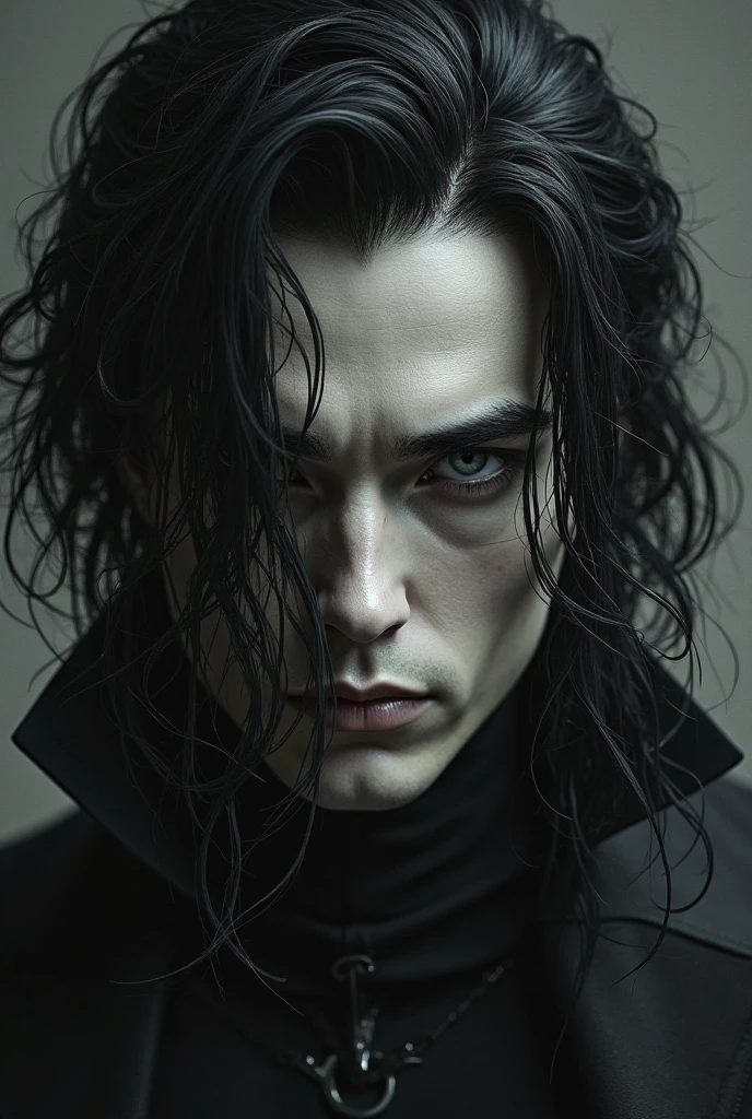Masculine man, grey dead eyes. Long lashes and thick balck eyebrows ...