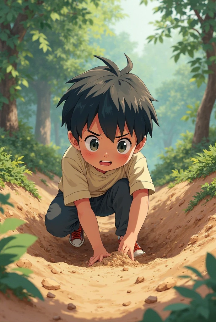 Create an anime boy digging the ground to the right to find some ...