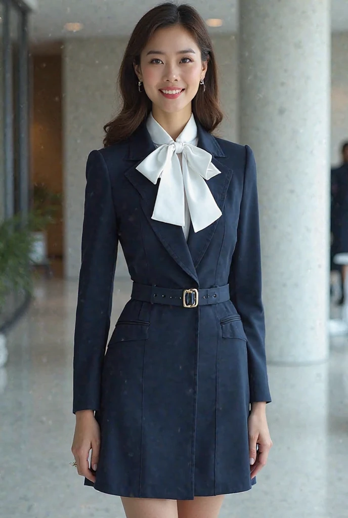 Creates a design of a women's uniform in a navy blue color, with a belt ...