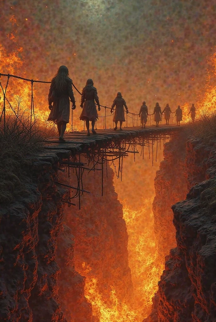 A rotting wooden bridge stretches over a chasm of endless fire - SeaArt AI