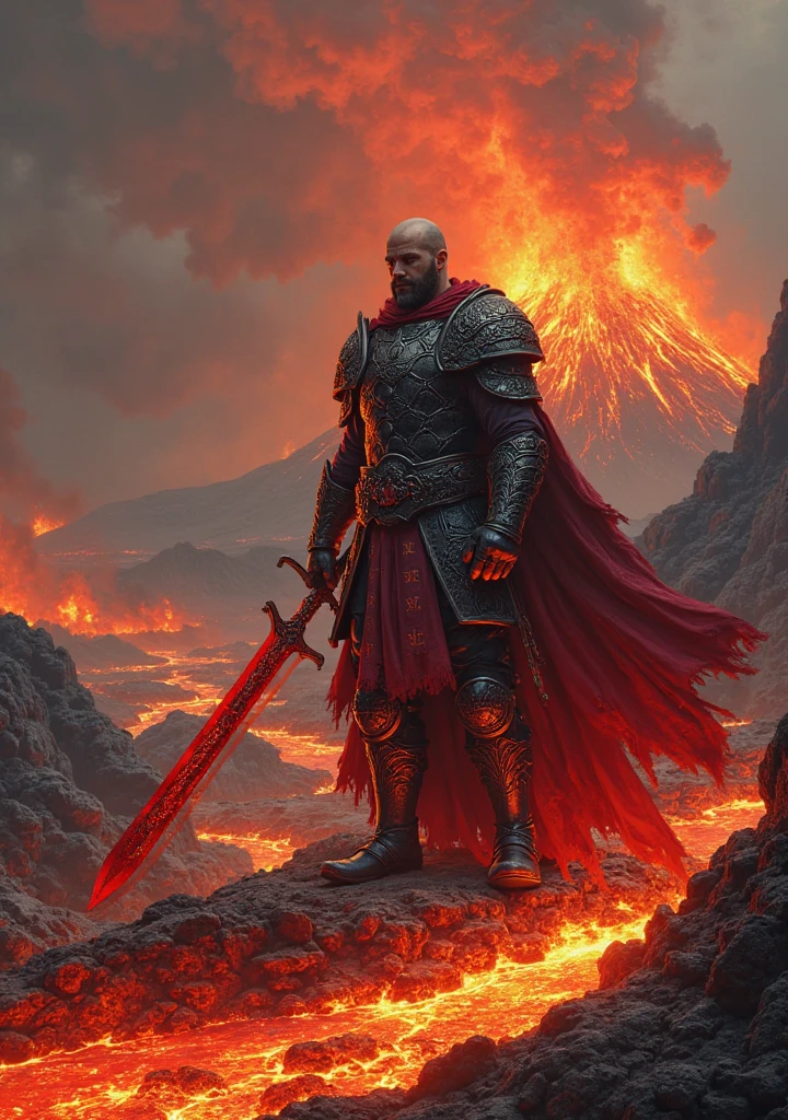 "An imposing warrior standing beside a bubbling lava river, emanating ...