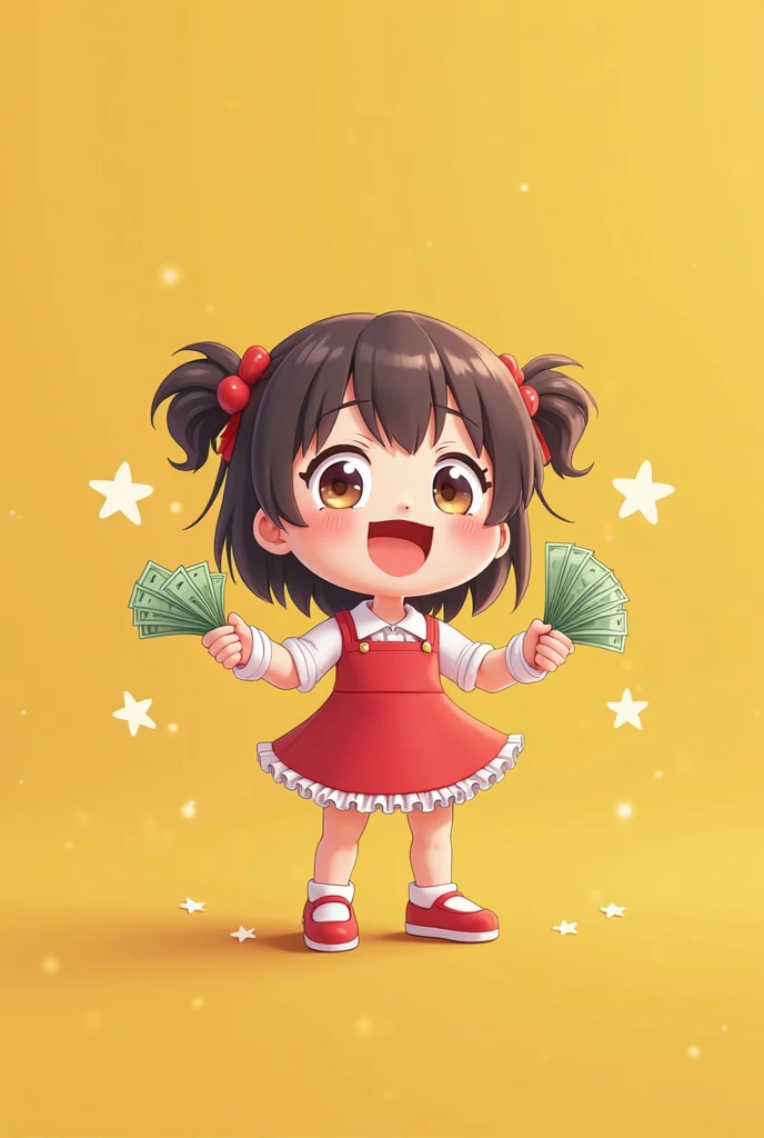 Smiling girl holding money in hand ,Wearing a red dress , Chibi AI ...