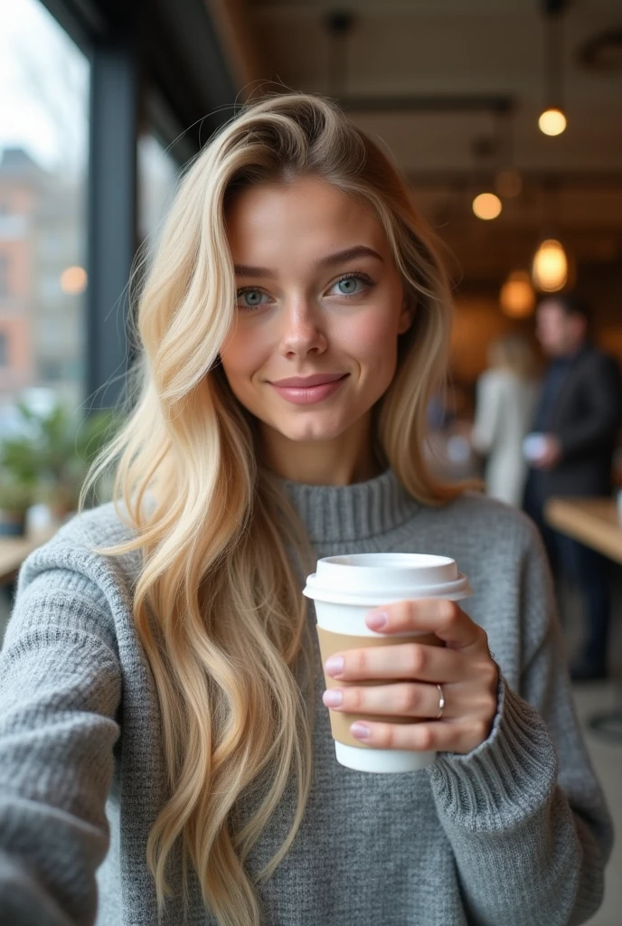 Realistic portrait of a 25-year-old blonde. make her very long waist ...