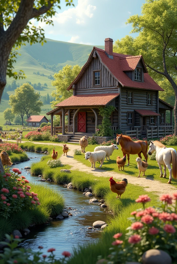 Realistic image of a farm full of details with a stream, Mill and ...