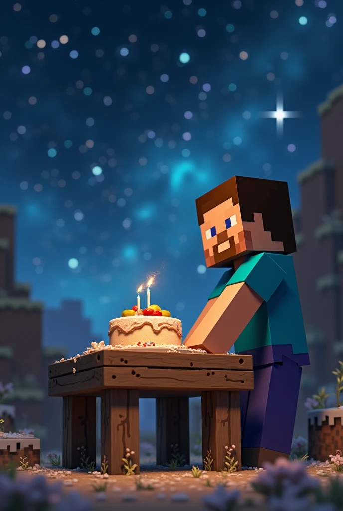 An image of Steve from Minecraft and a cake on a table with space ...