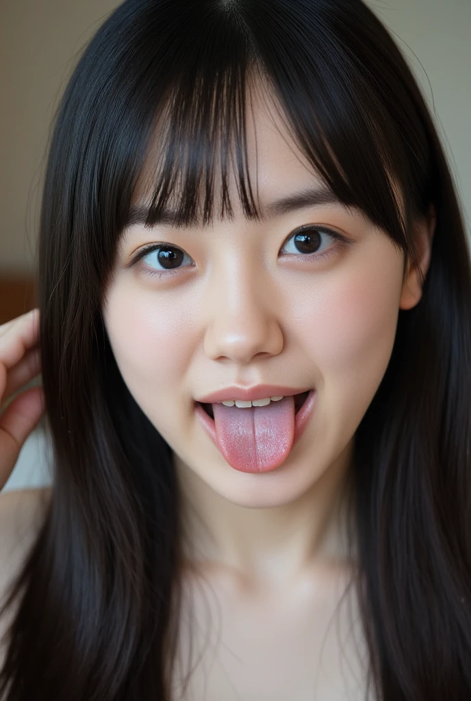 Girls, black hair, Long Hair , open your mouth wide and stick your tongue - SeaArt AI