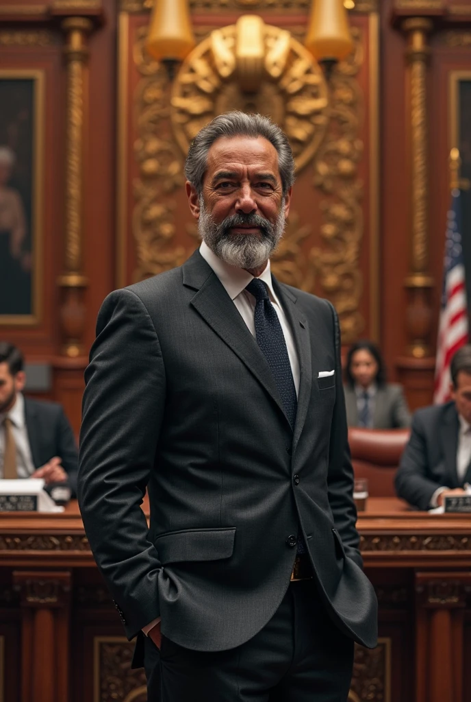 Escobar, a man with a beard, in the Global Senate, dressed in a ...