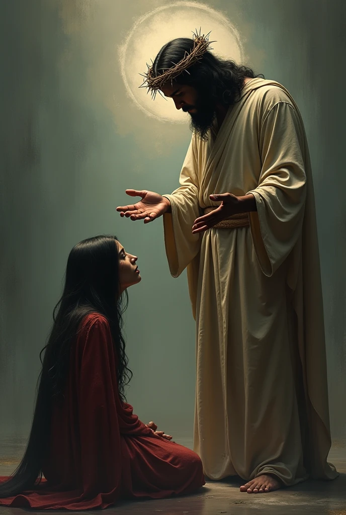 A black Jesus with the crown of thorns, blessing a sad woman that is ...