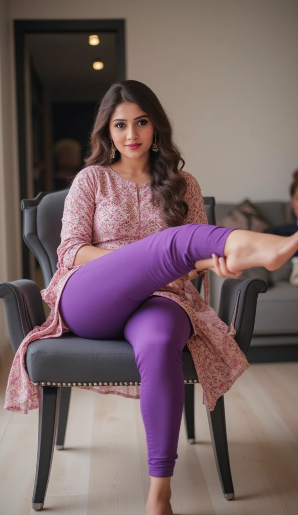 Girl in kurti legging churidar tight on chair one leg up pose sit hot ...