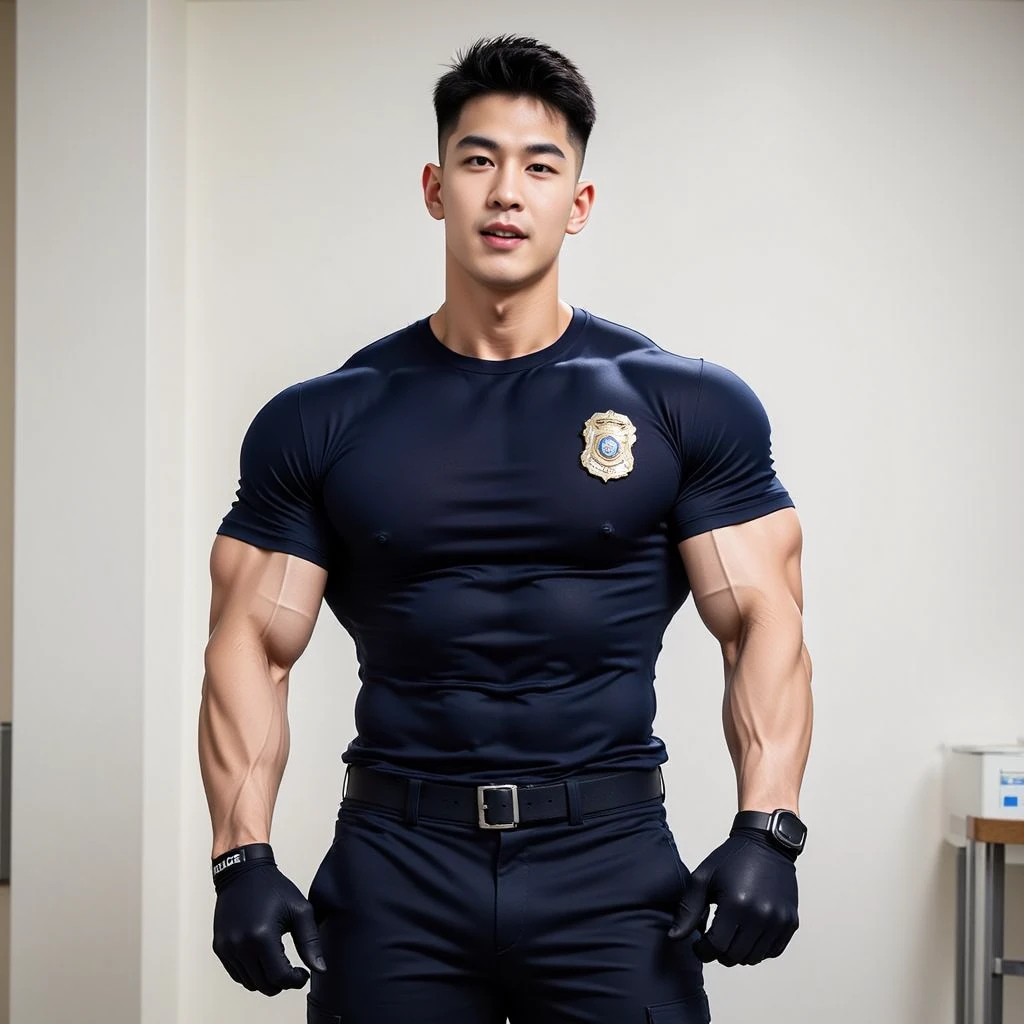 1 handsome man short hair ,crew cut hair ,Wear a fitted round neck t ...