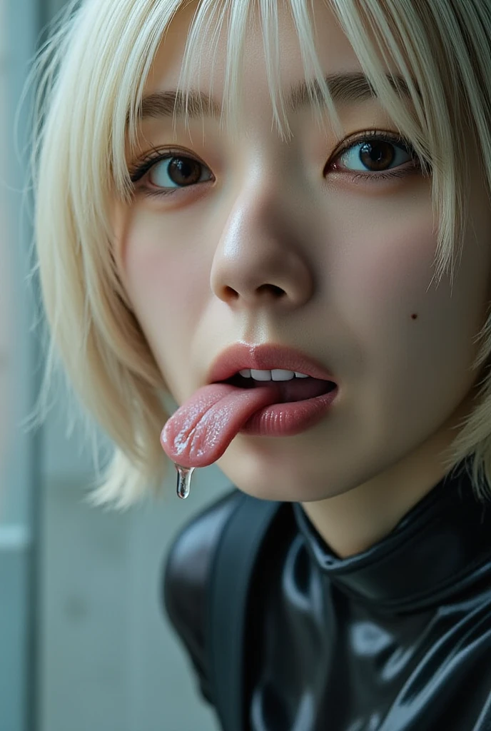 Fujiyoshi_Karin has her mouth open, a large pane of glass in front of ...