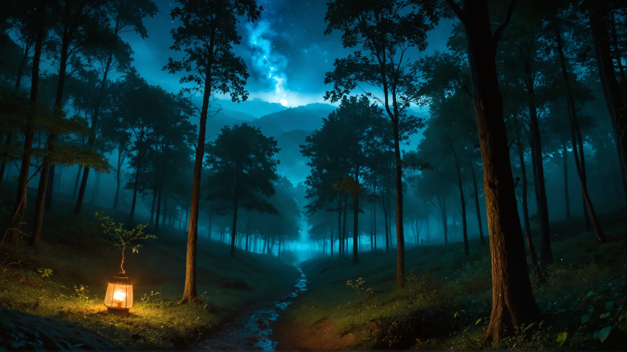 There is a small lantern sitting in the middle of a forest - SeaArt AI