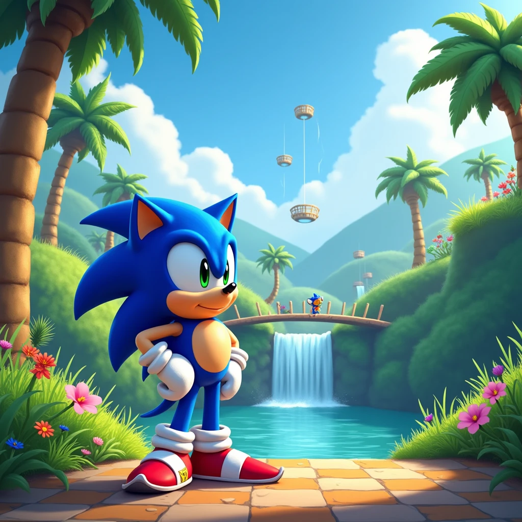 "Sonic, The blue hedgehog, running, por Green Hill Zone, The scenery is ...