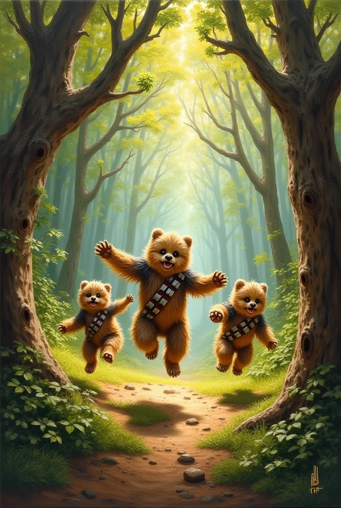 Oil painting of a little Wookies jumping in a forest full of giant ...