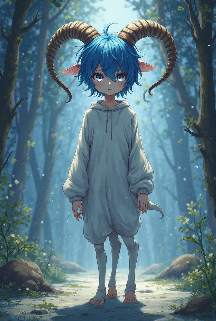 Blue-haired boy of the satyr type with small horns and goat ears ...