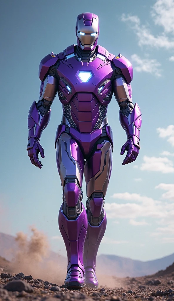 Create an Iron Man with a purple suit of armor, walking towards the ...