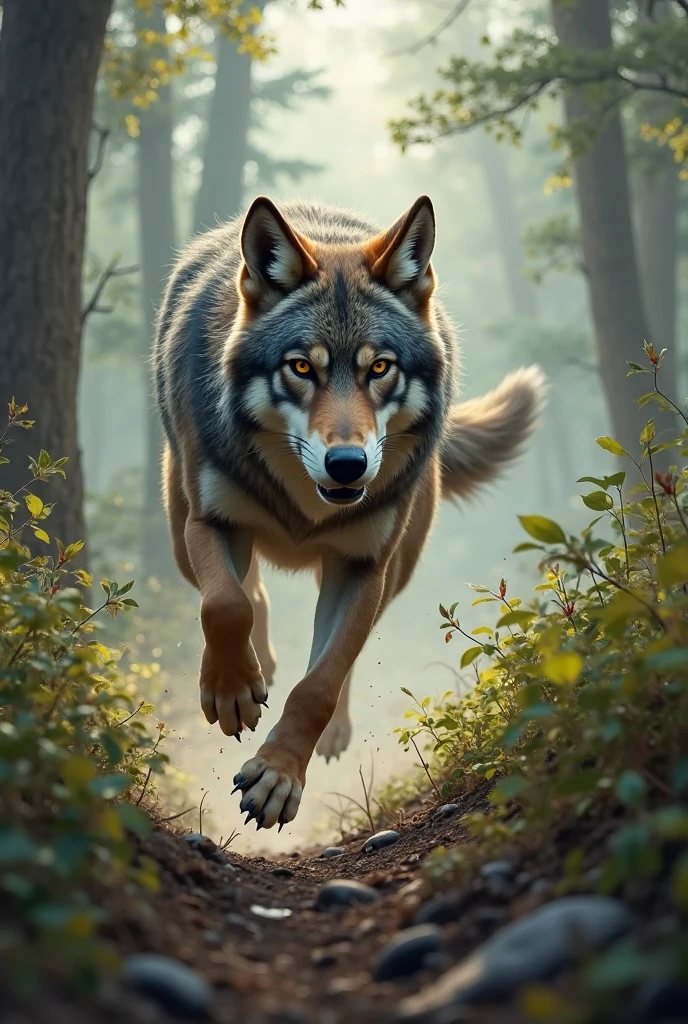 A sly wolf quickly running after talking to little red riding hood ...