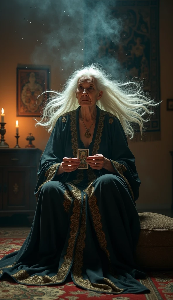 "An elderly fortune teller levitating in a seated position, holding ...