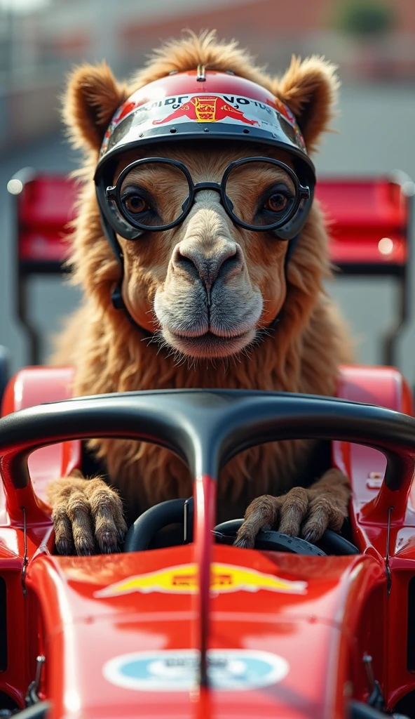 A camel wearing circular black-framed glasses and a Formula 1 helmet ...