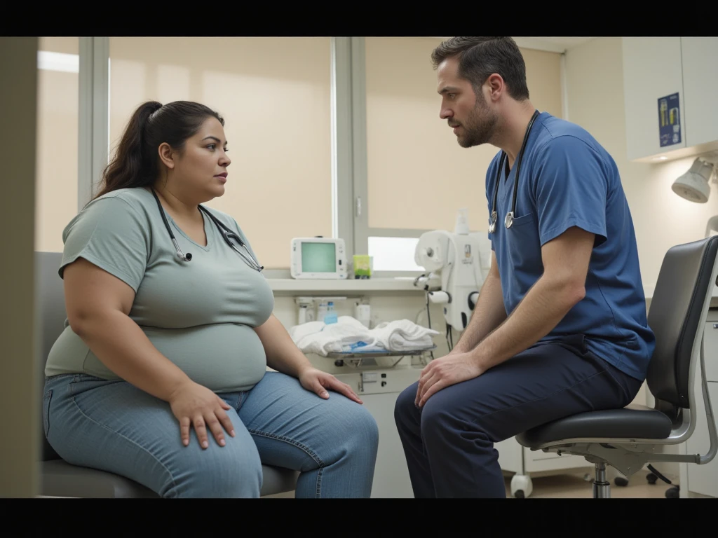 Fat woman, obese, Talking to your male doctor at the hospital - SeaArt AI