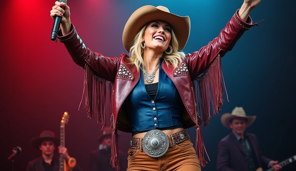 "A female country singer passionately performing on stage, raising both ...