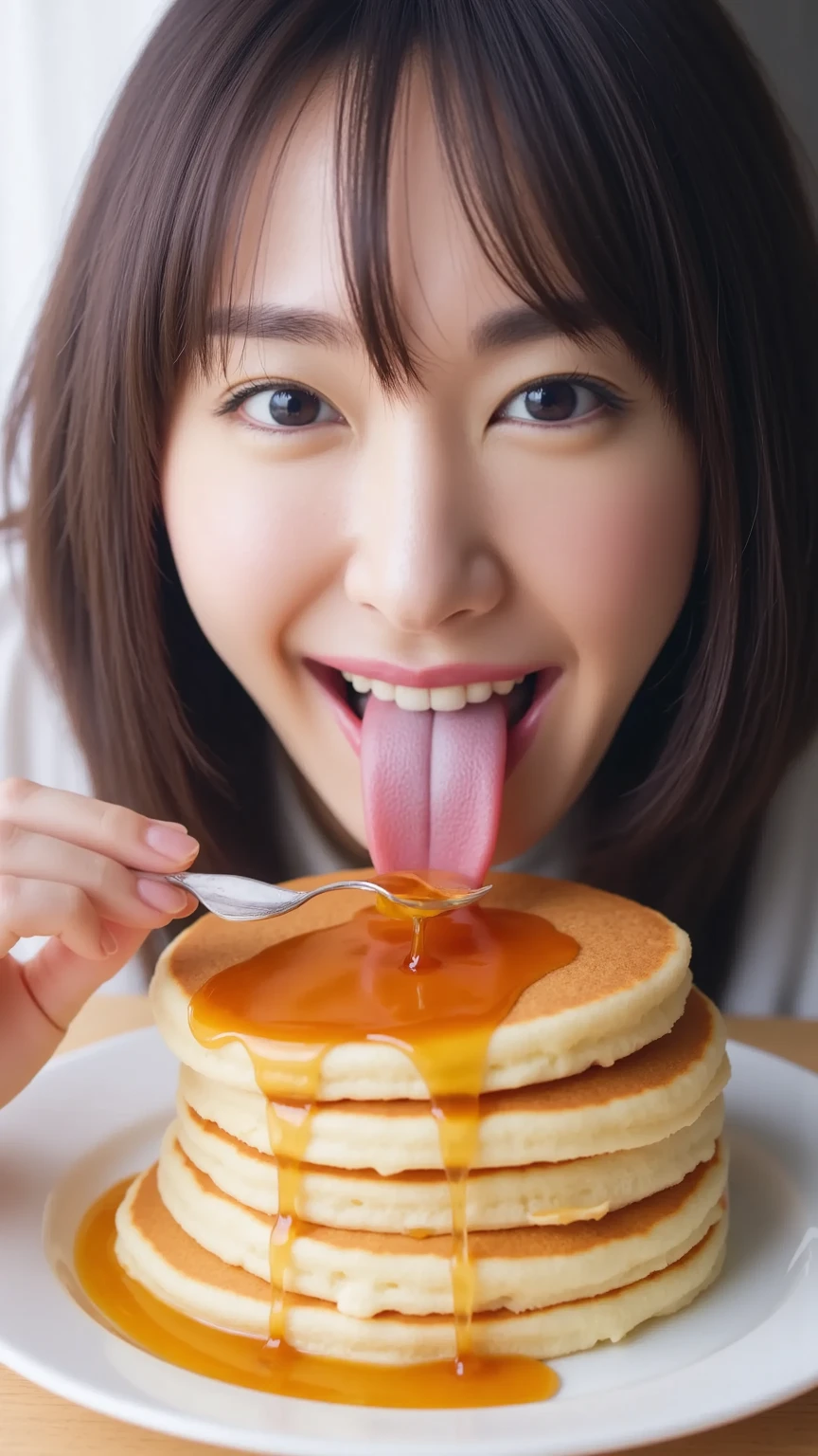Beautiful gluttonous Japanese woman。He opens his big mouth, sticks out ...
