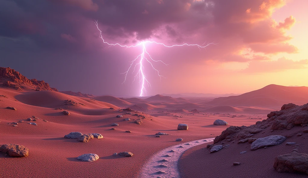 "A vast alien desert with metallic dunes and shiny stones scattered ...
