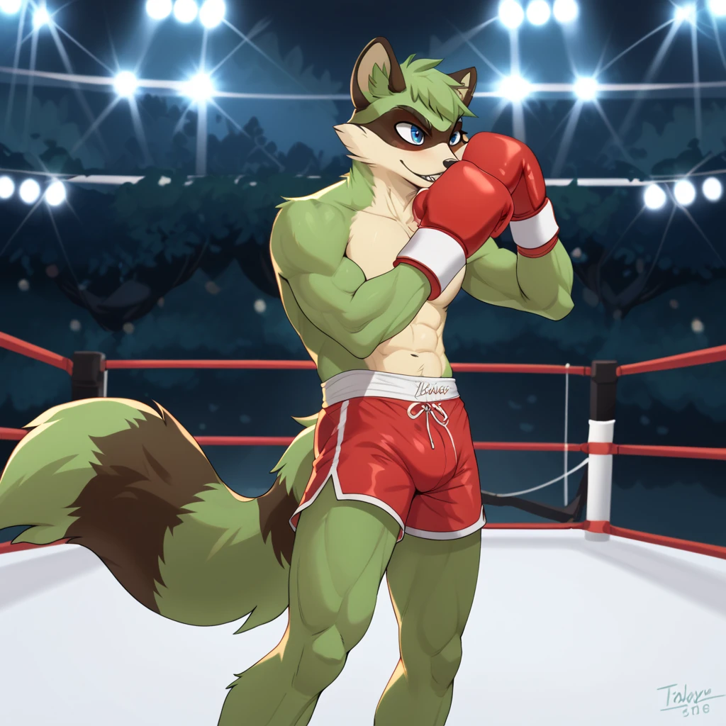 Maypul, green fur, raccoon, male adult, bangs, resolution on the face ...