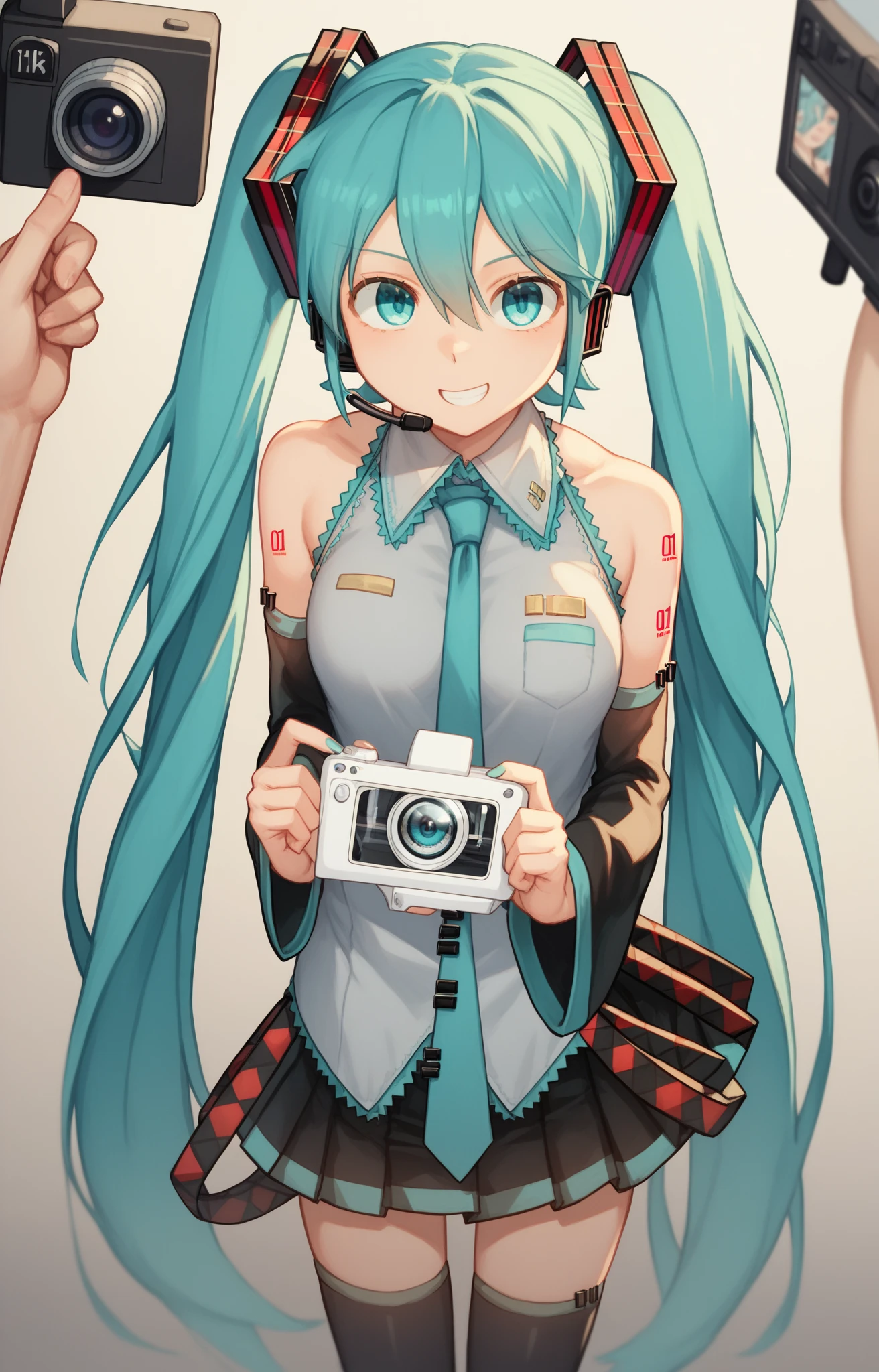 A girl, Hatsune Miku, big , Overhead camera, looking at the spectator ...