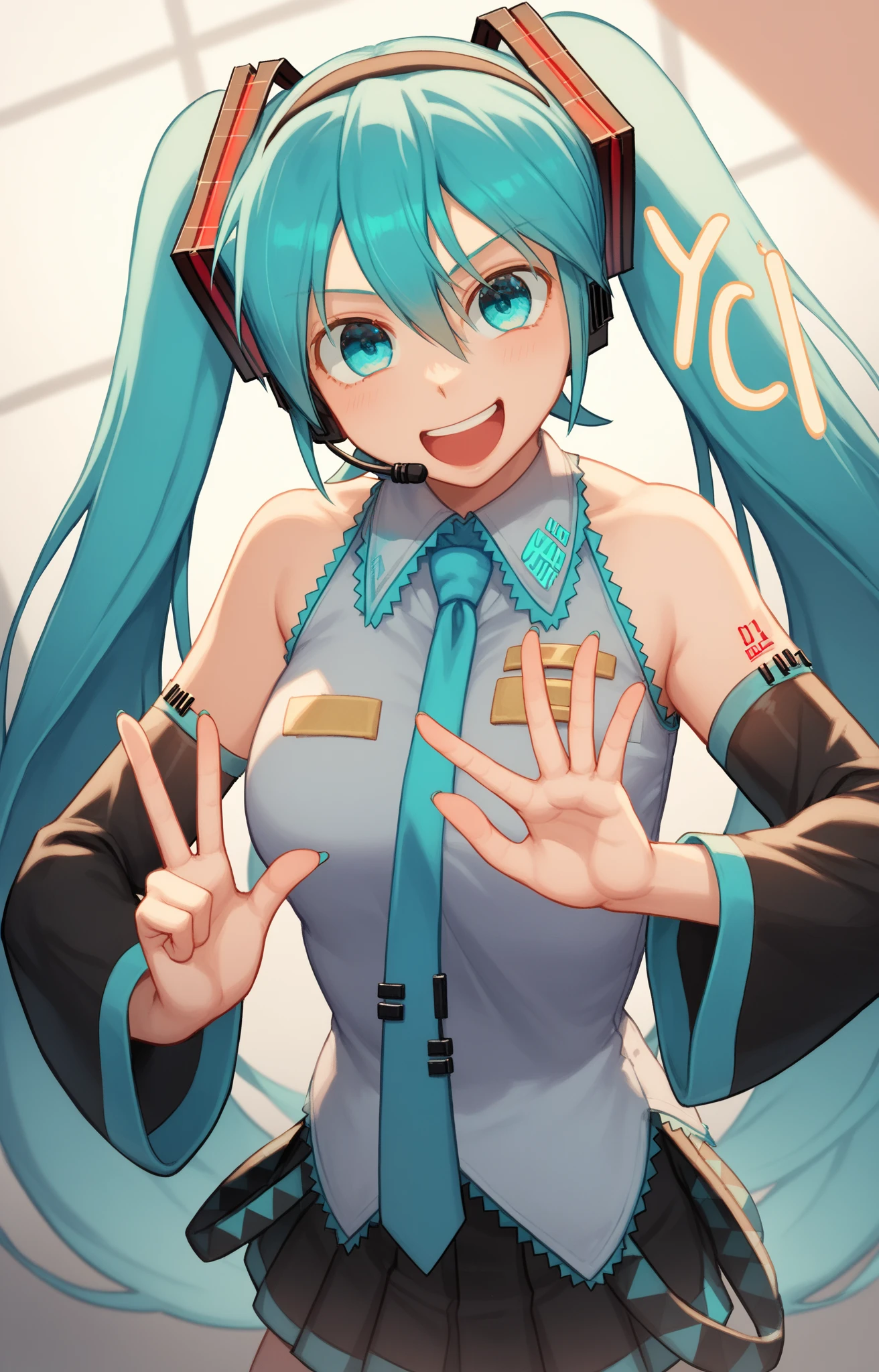 "Hatsune Miku at a dynamic angle seen from above, leaning towards the ...