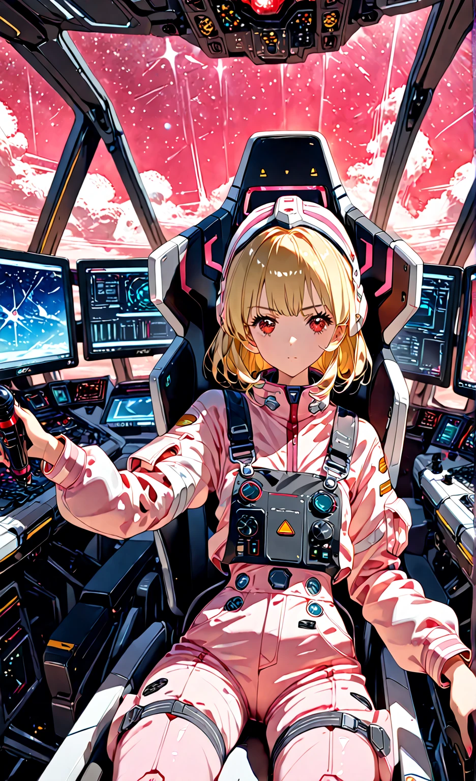 Girl in the cockpit of a giant robot, white and pink space suit - SeaArt AI