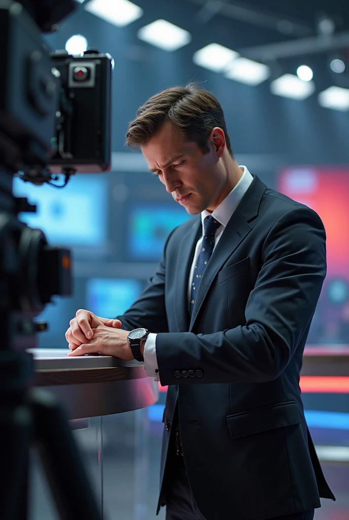 TV presenter on a television set in front of the camera staring at the ...